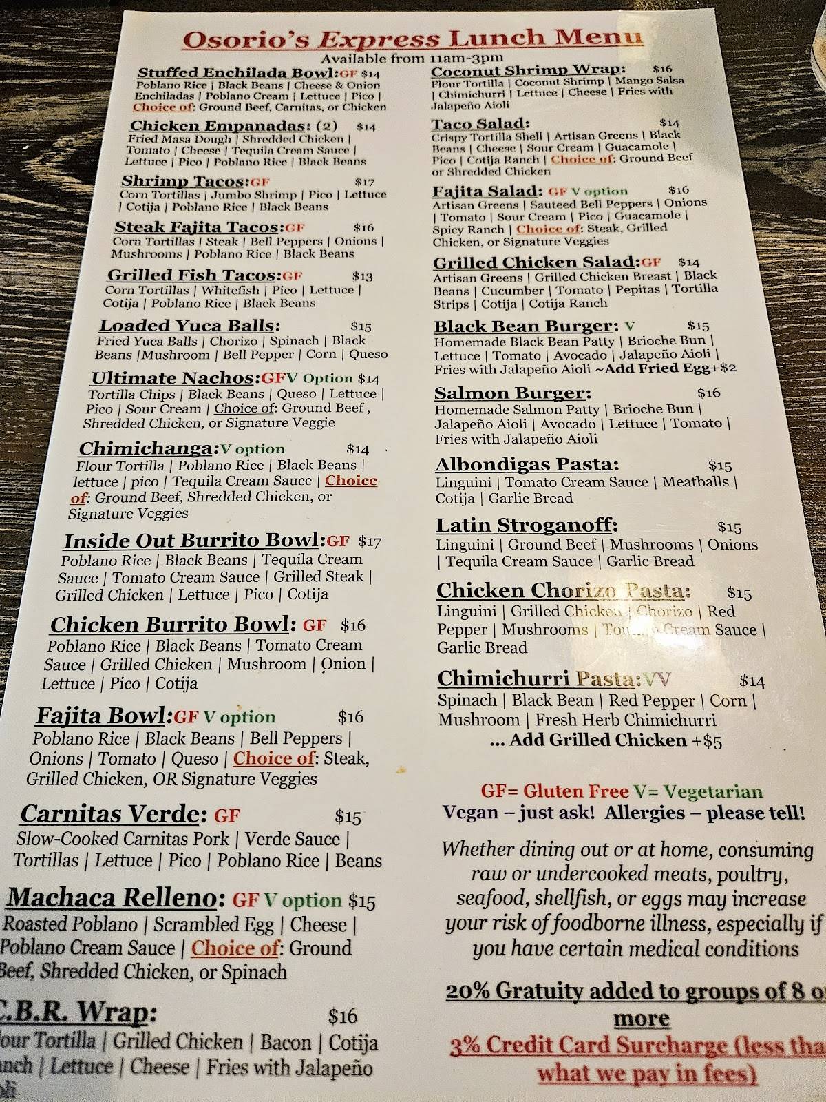 Menu at Osorio's Latin Fusion restaurant, Appleton