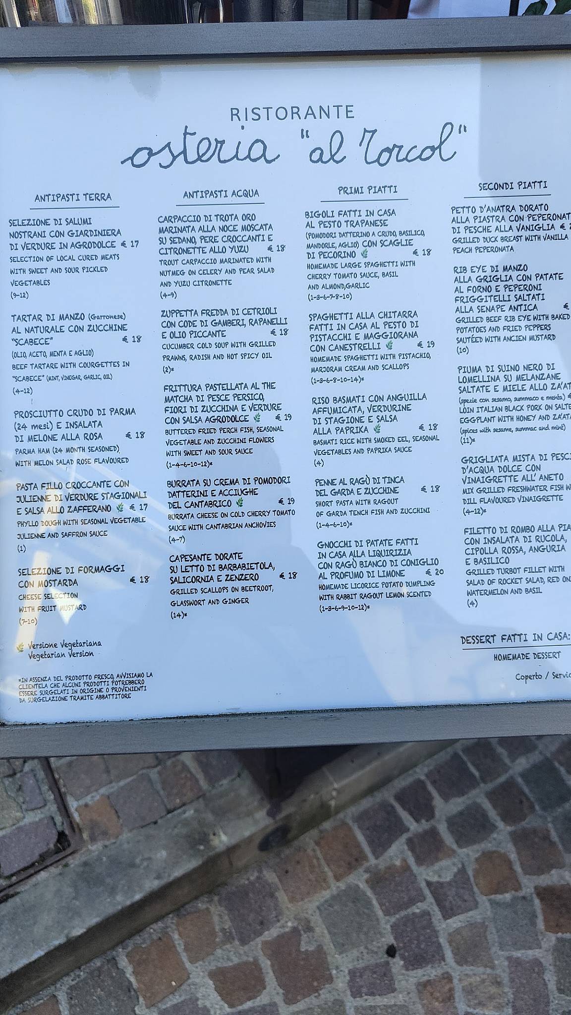 Menu at Osteria Al Torcol restaurant, Sirmione