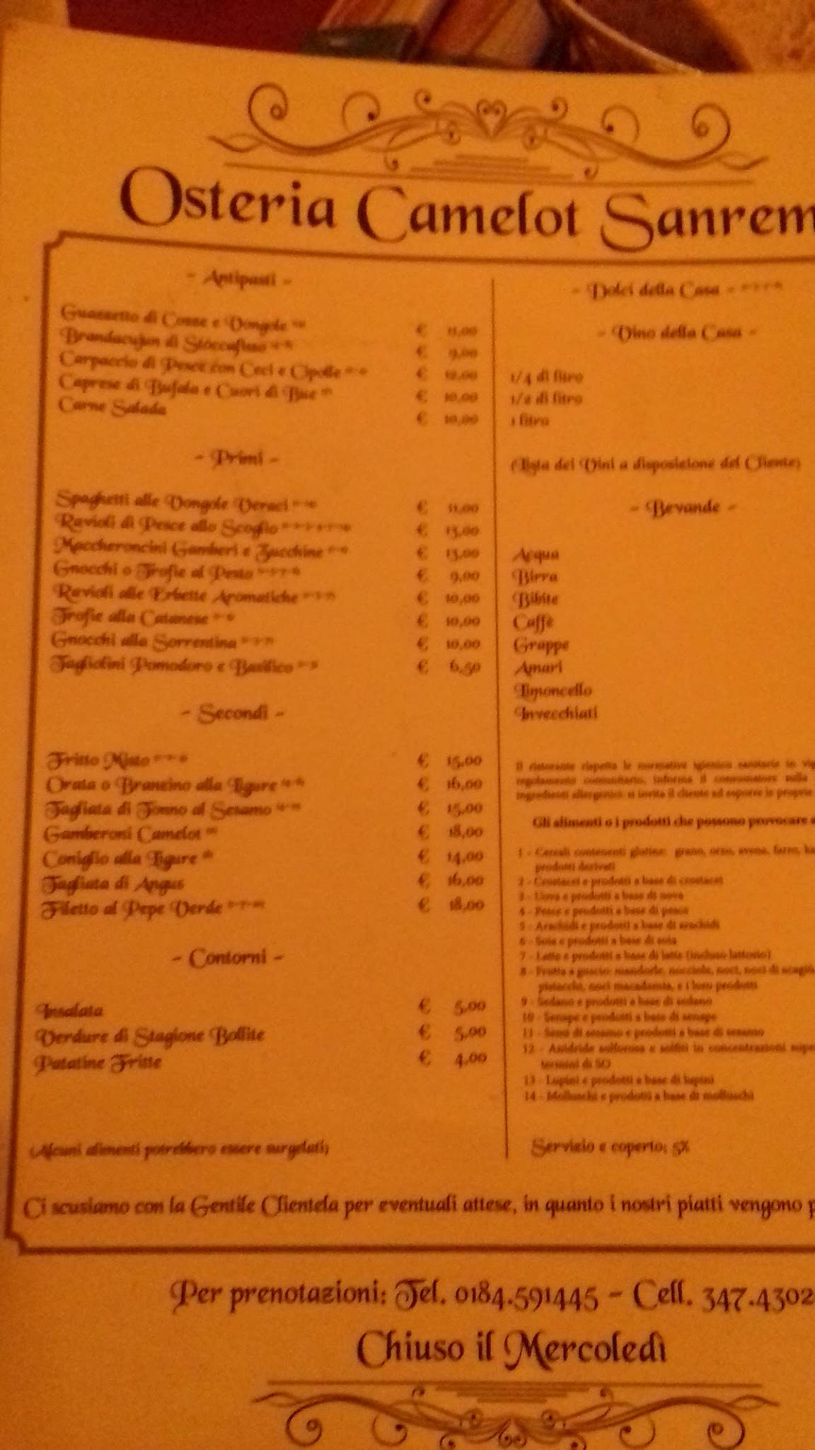 Menu da Osteria Camelot Sanremo ristorante, Sanremo