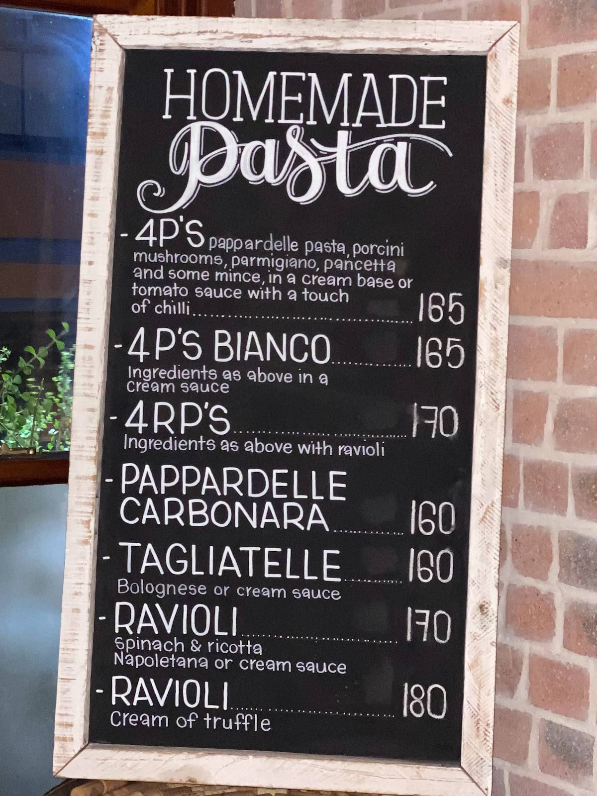 Menu at Osteria Tarantino restaurant, Cape Town