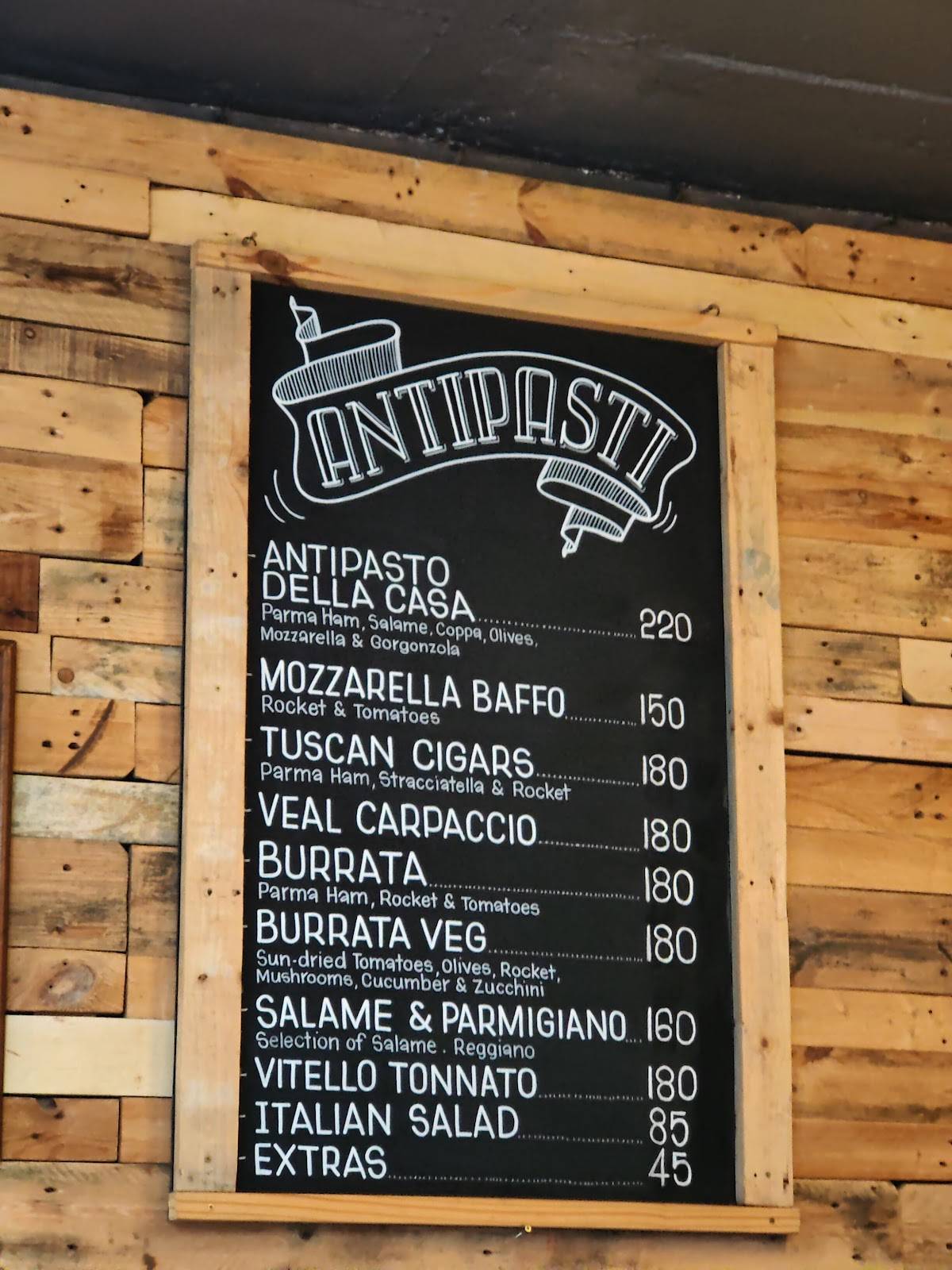 Menu at Osteria Tarantino restaurant, Cape Town