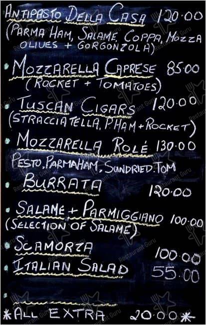 Menu at Osteria Tarantino restaurant, Cape Town