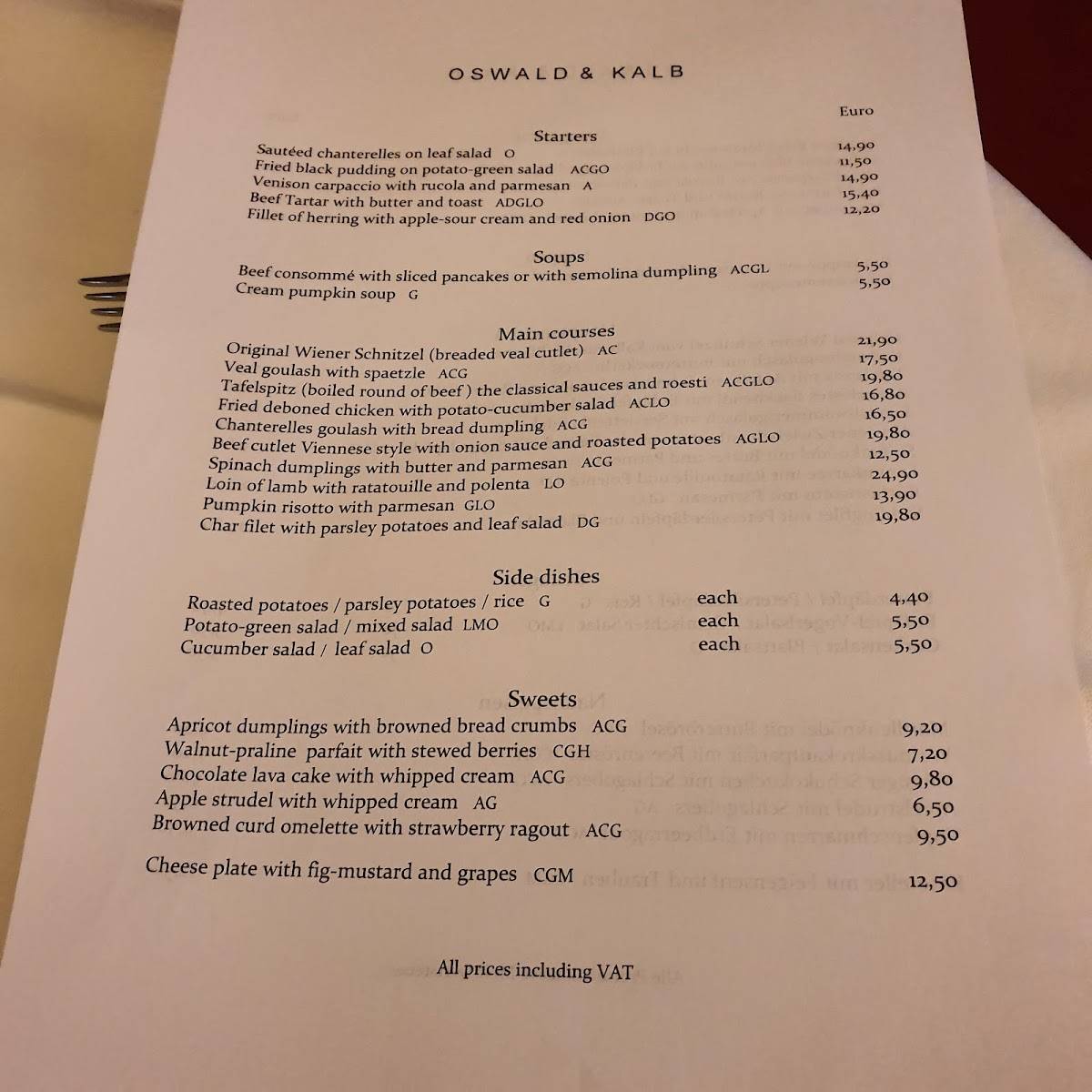 Carta del restaurante Oswald & Kalb, Viena, Bäckerstraße 14