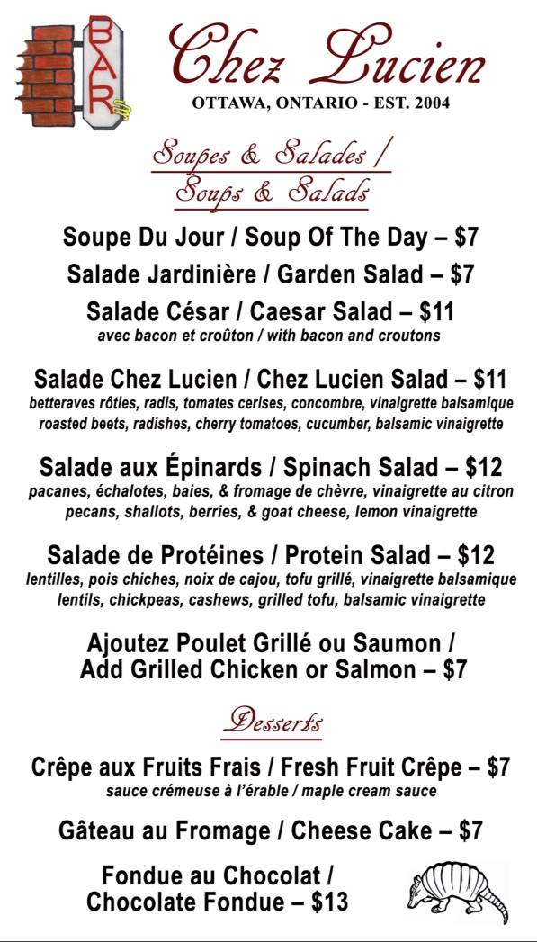 Menu at Chez Lucien pub & bar, Ottawa