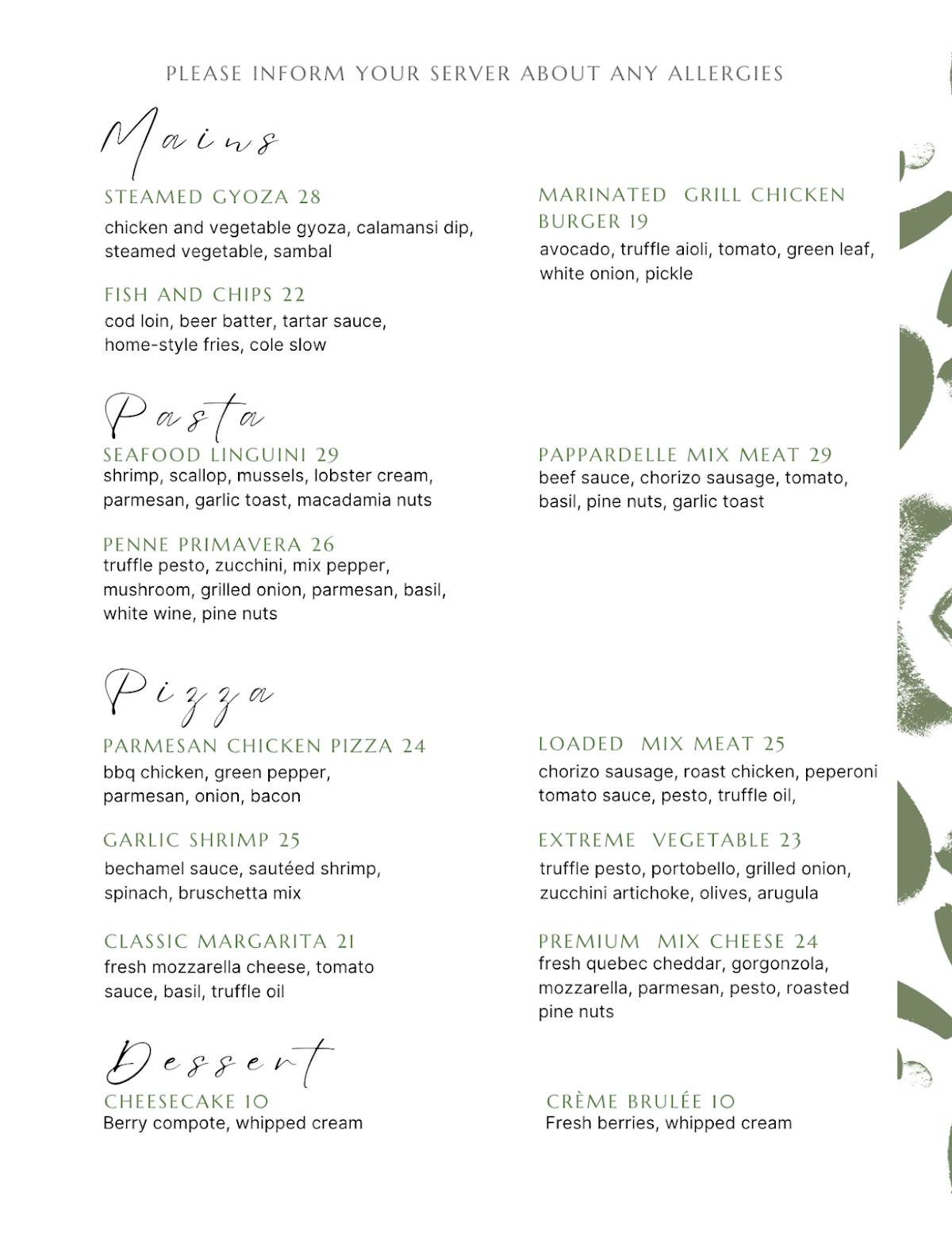Menu at Feast + Revel restaurant, Ottawa