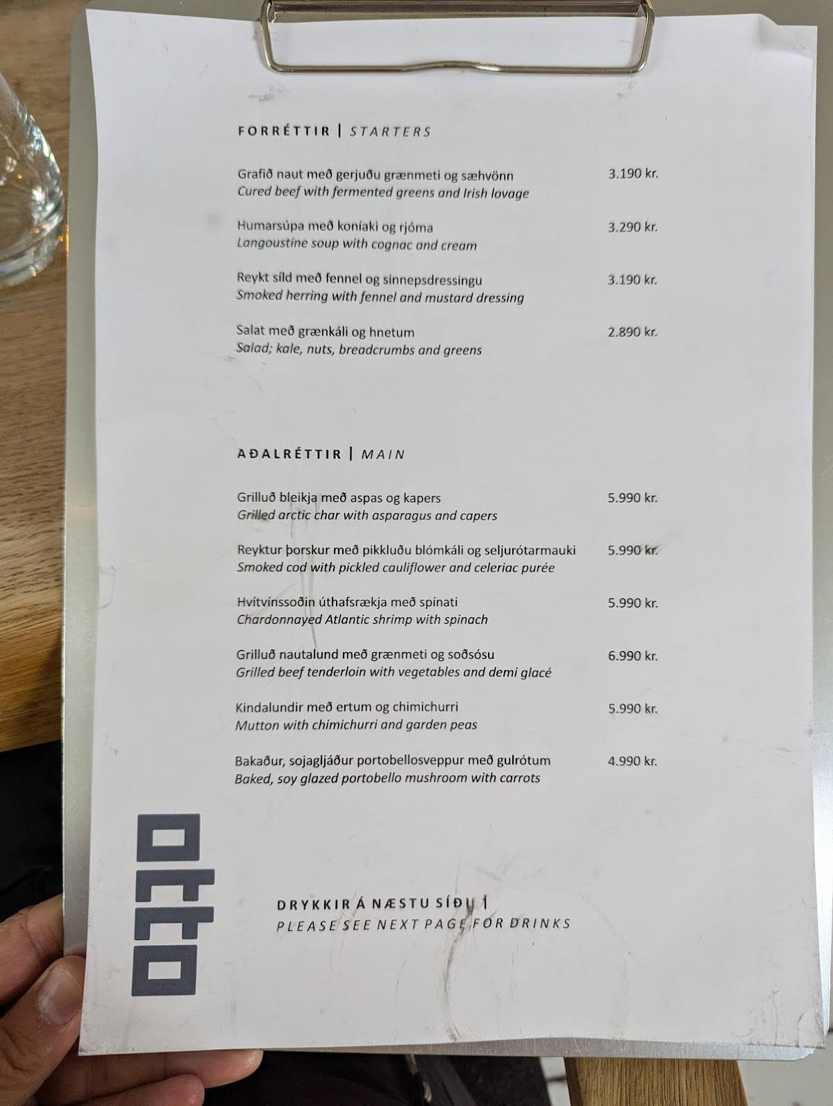 Menu at Otto Matur & Drykkur restaurant, Höfn