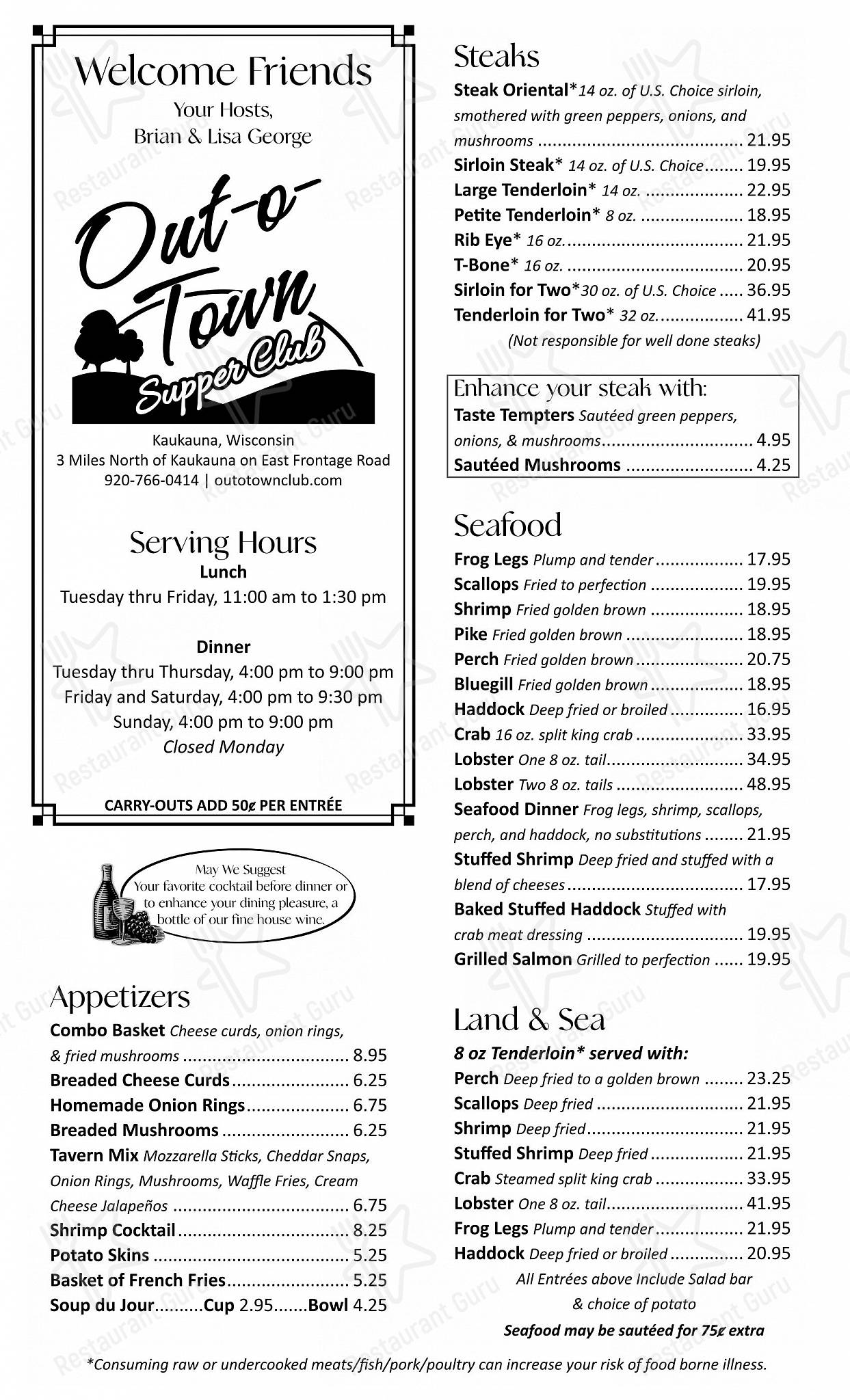 Menu at Out-O-Town Supper Club, Kaukauna