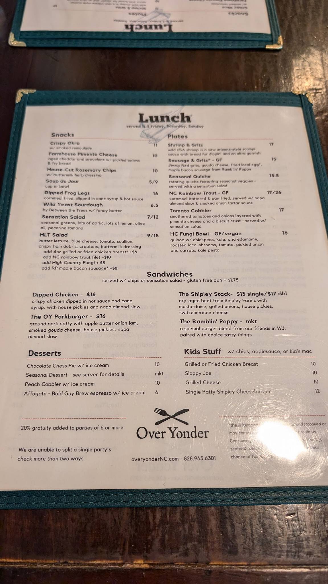Menu at Over Yonder Restaurant, Valle Crucis, NC-194