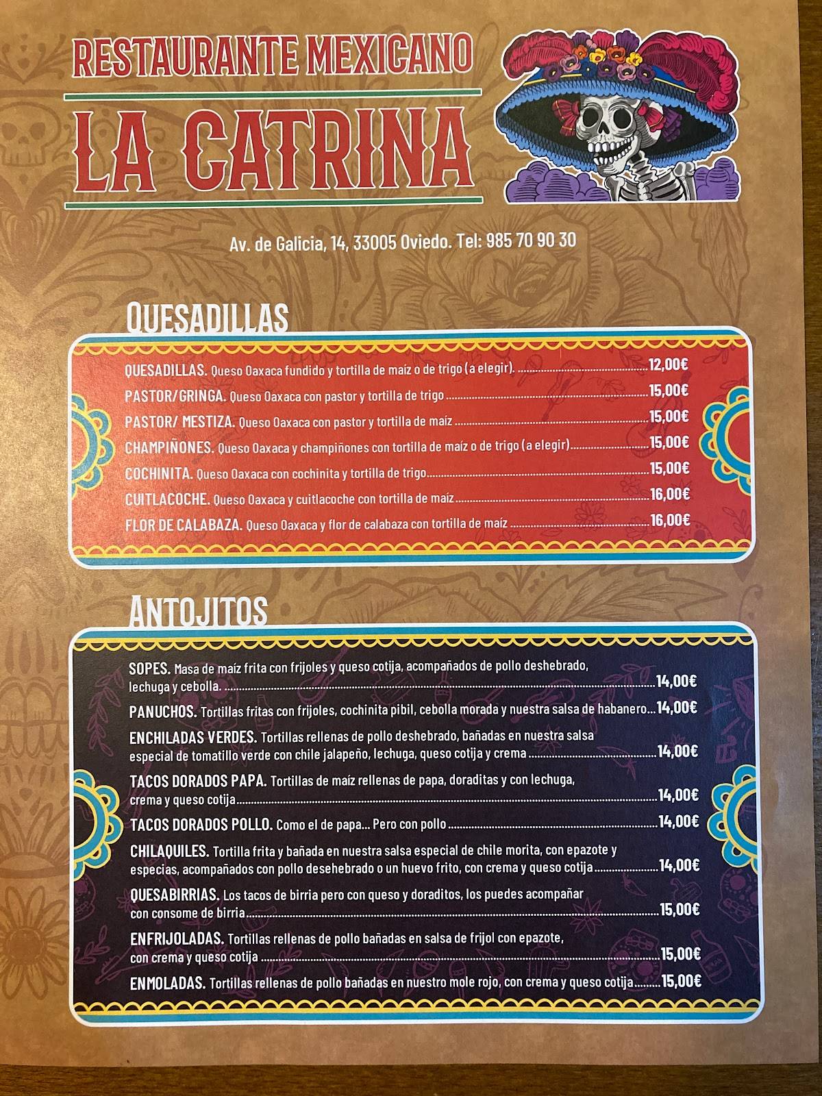 Carta del restaurante La Catrina, Oviedo