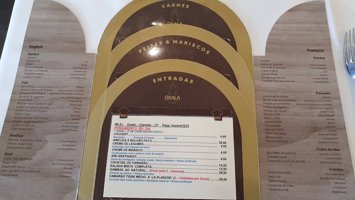 Menu em Oxala restaurante, Ovar
