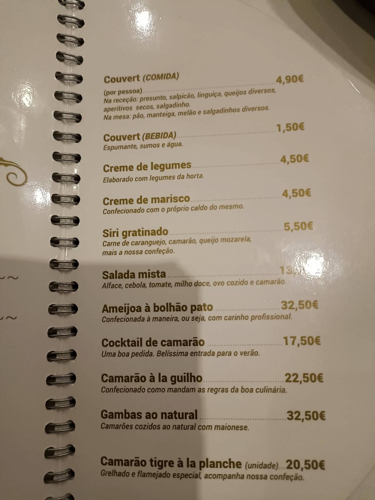 Menu em Oxala restaurante, Ovar