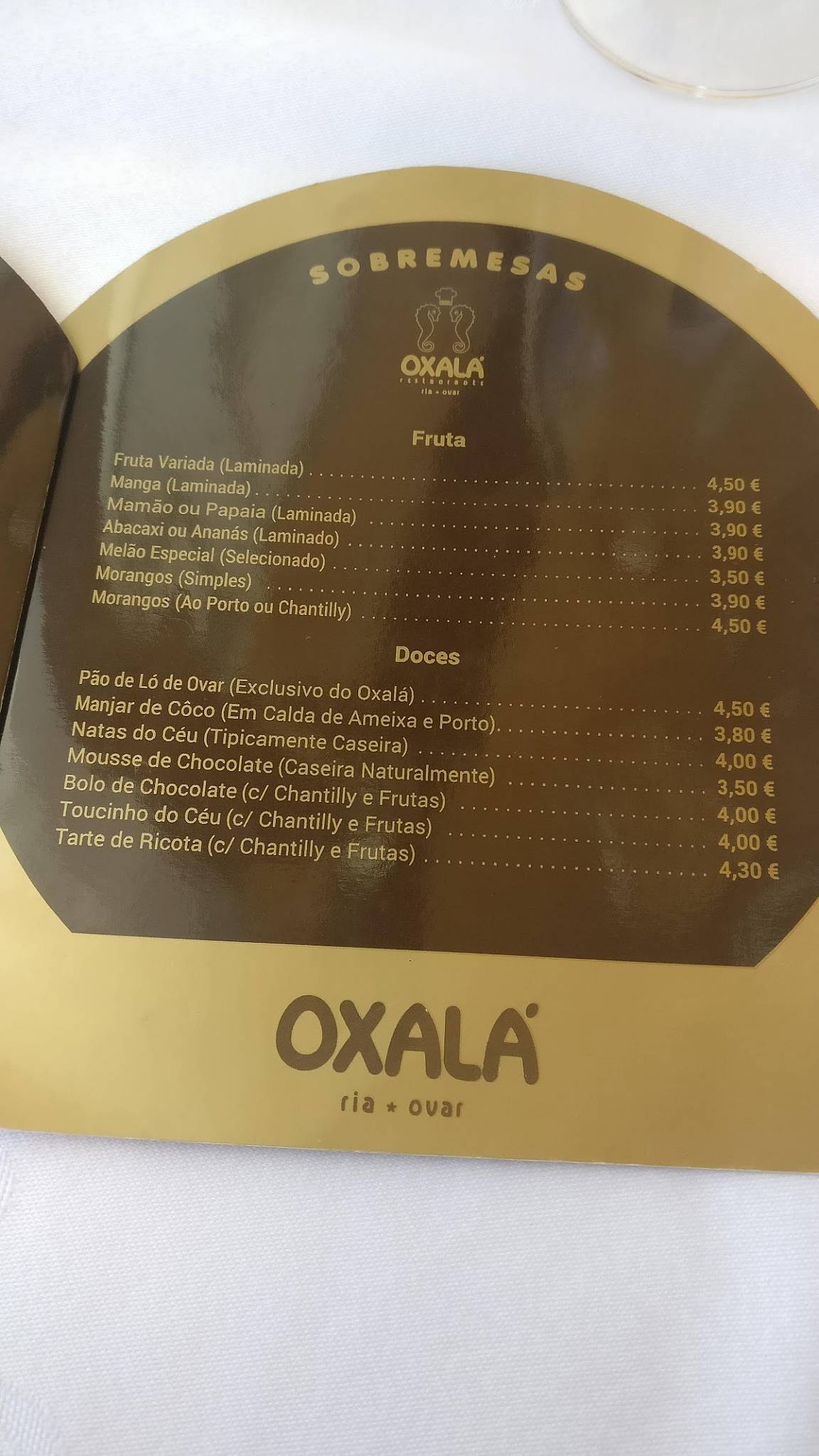 Menu em Oxala restaurante, Ovar