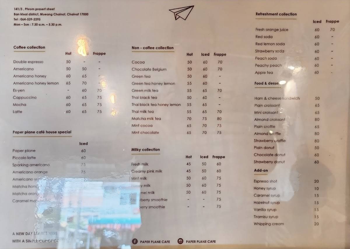 Carta de PAPER PLANE CAFE, Chai Nat