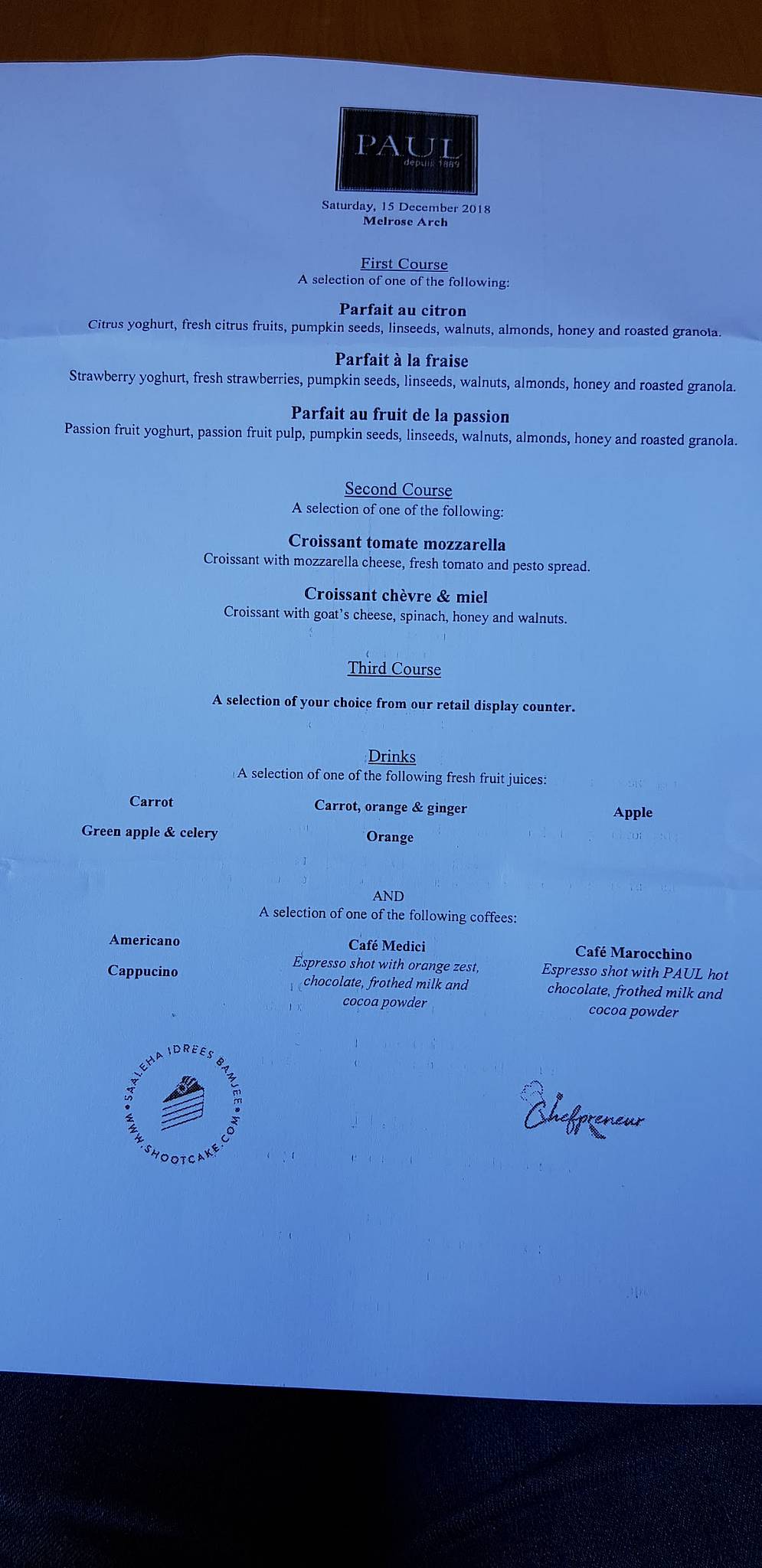 Menu at PAUL restaurant, Johannesburg, Melrose Arch Corner High Street