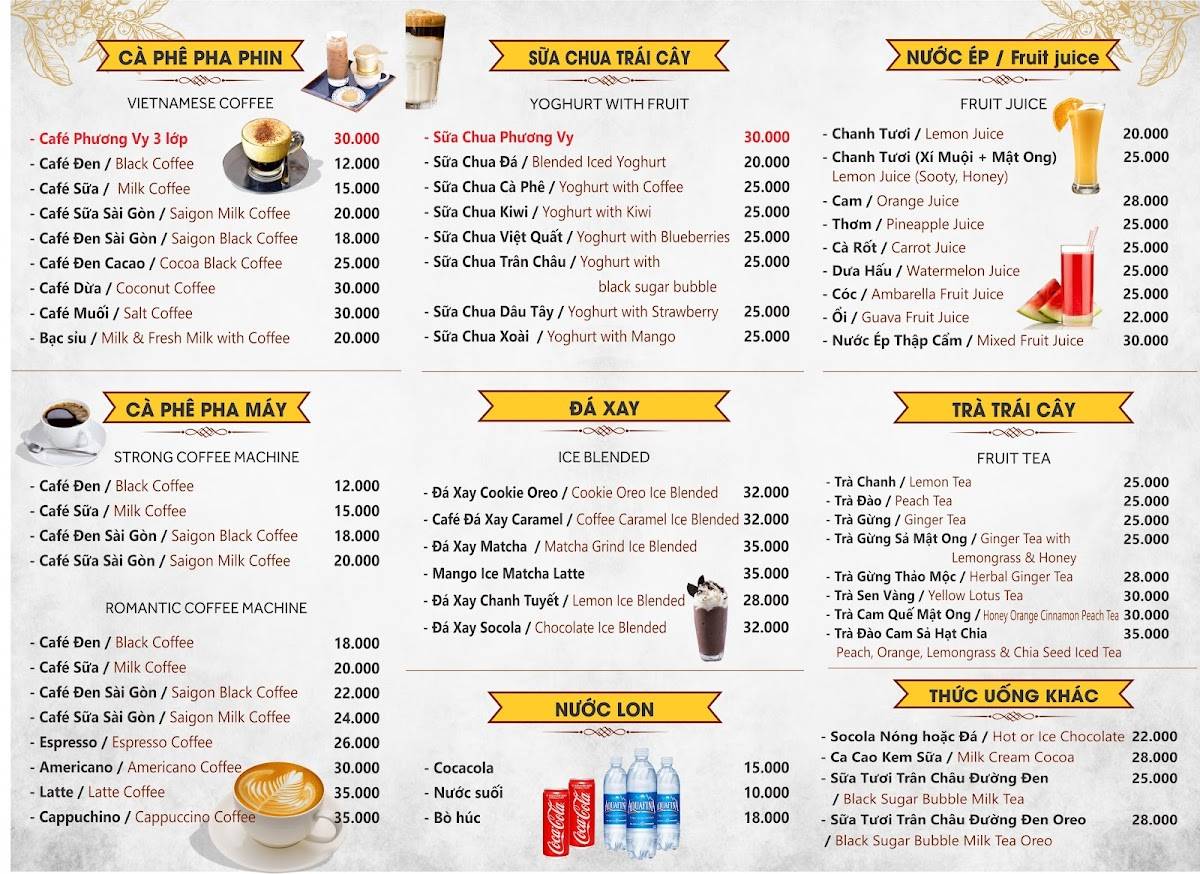 Menu at PHƯƠNG VY COFEE cafe, Da Nang