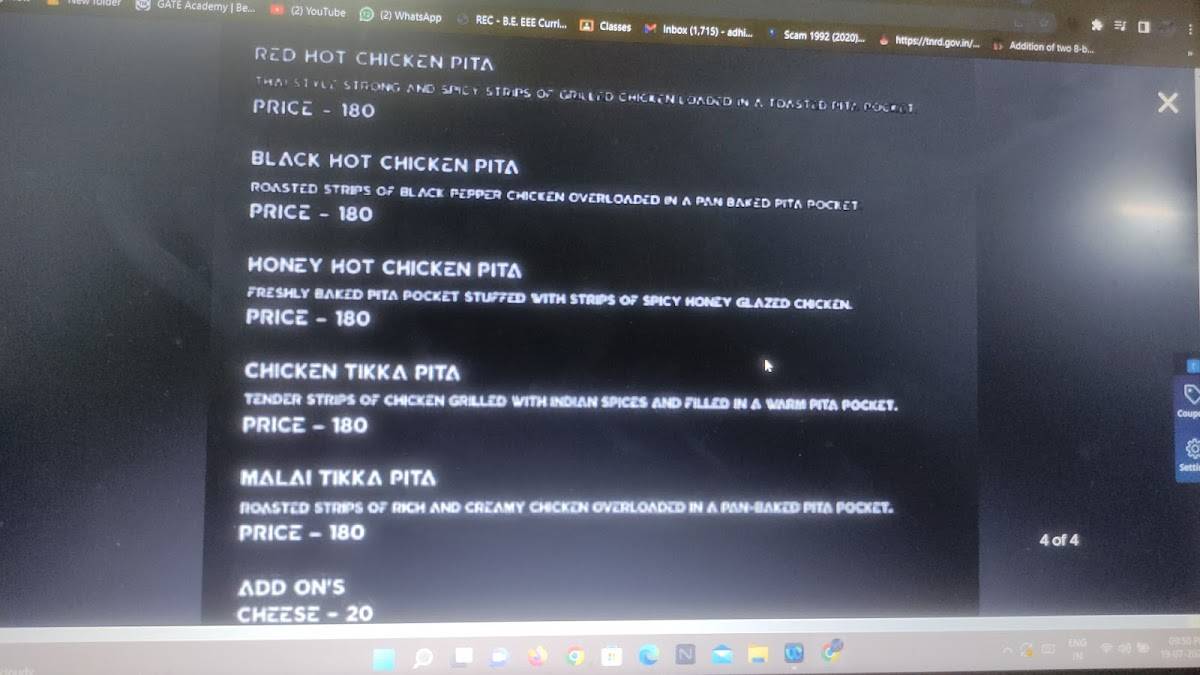 Menu at PITA POC - THE FOOD TRUCK, Chennai