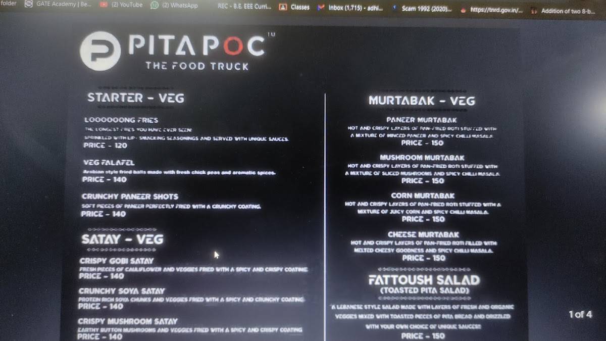 Menu at PITA POC - THE FOOD TRUCK, Chennai