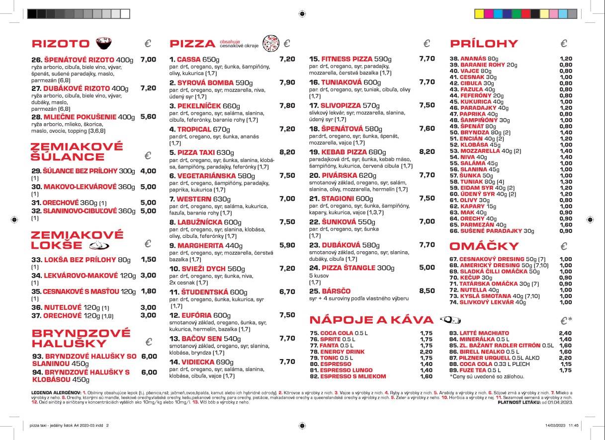 Speisekarte von PIZZA TAXI, Myjava