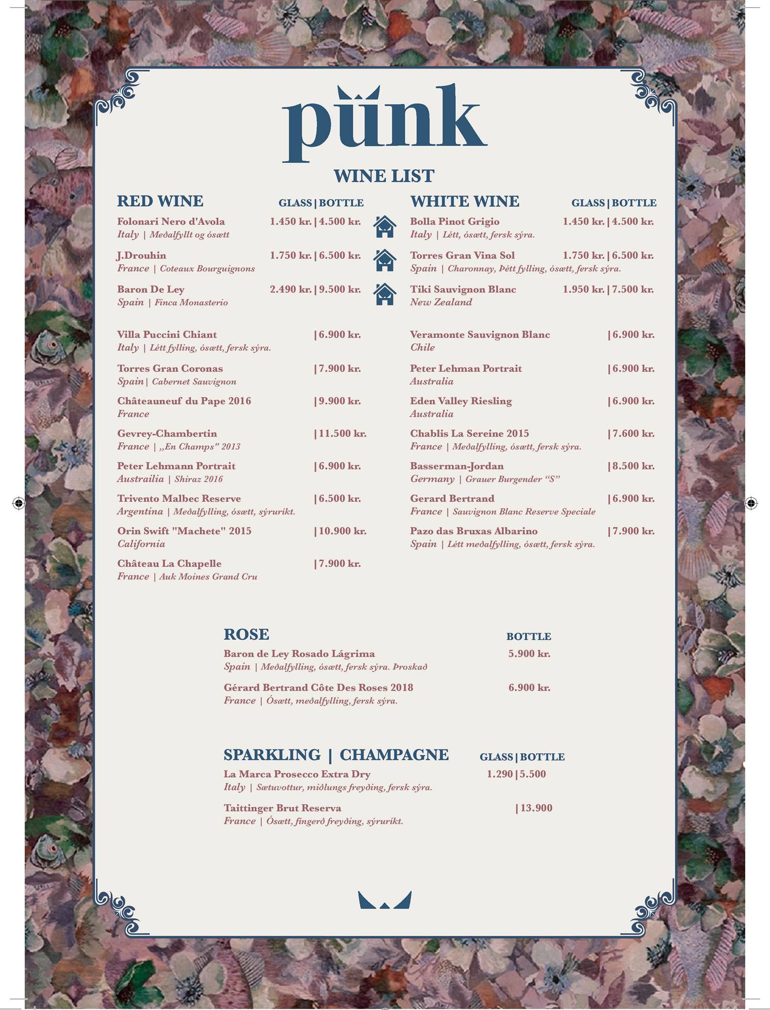 Menu at Punk Restaurant, Reykjavík