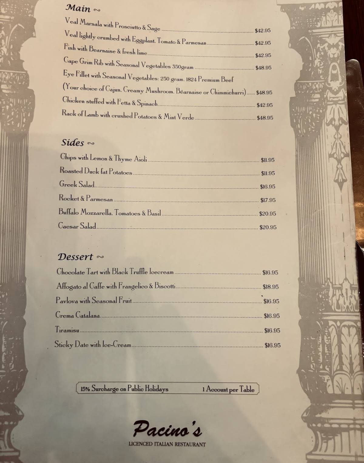 Menu at Pacino's restaurant, Rockhampton City, 5 East St