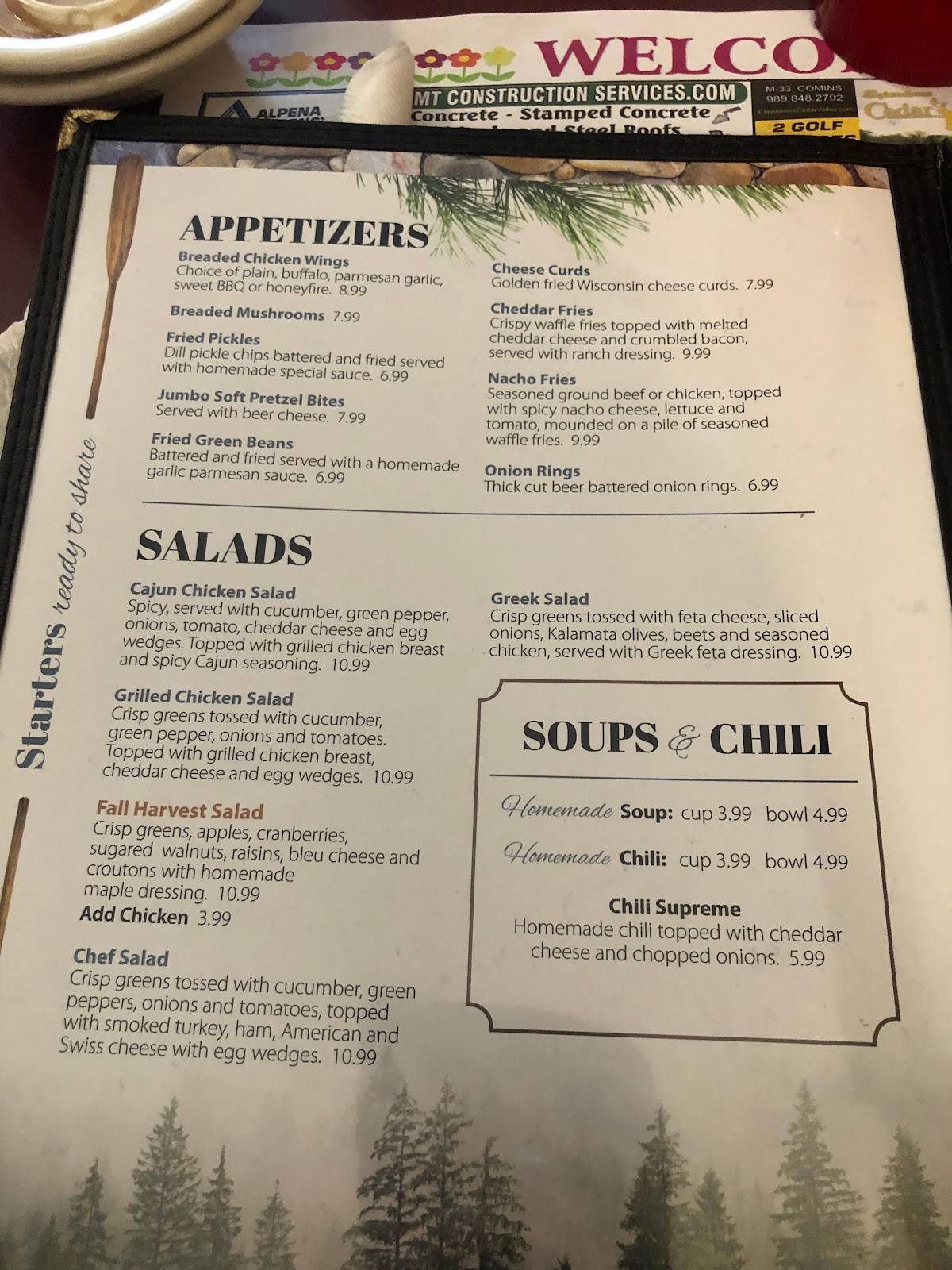 Menu at Paddle Inn Restaurant, Mio, 253 S Mount Tom Rd