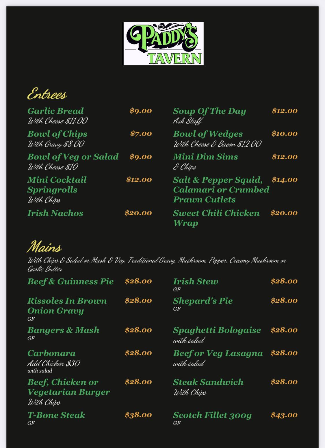 Menu at Paddys Tavern Ferntree Gully restaurant, Ferntree Gully