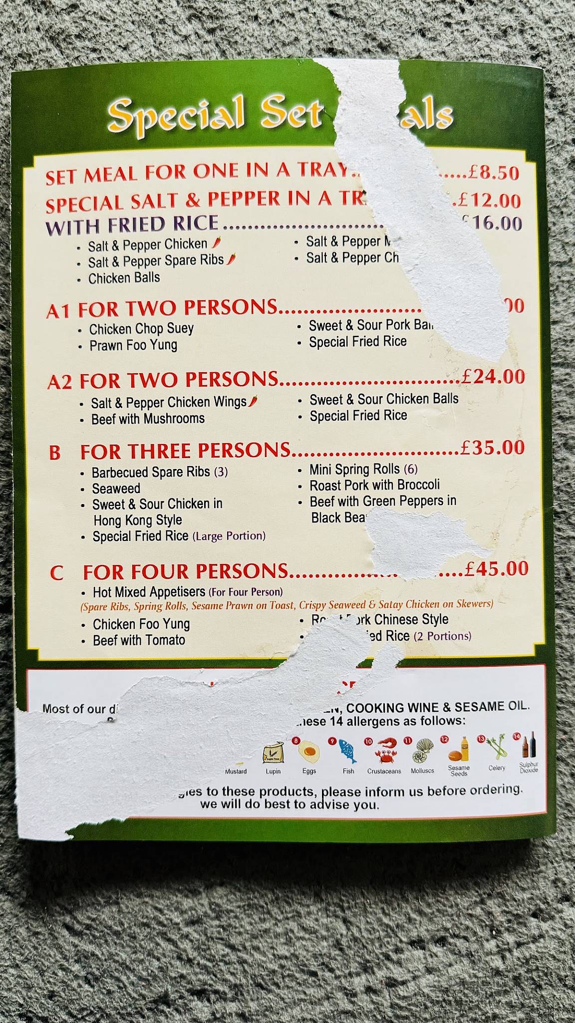 Menu at Pak-Lok fast food, Bridgwater