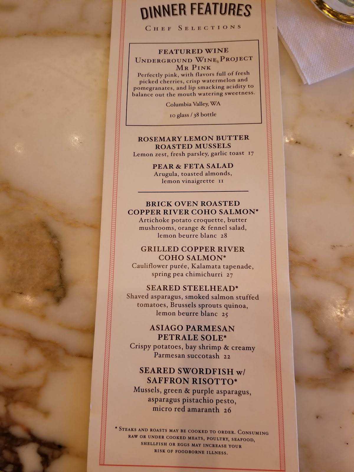 Menu at Palomino restaurant, Seattle, 5th Ave