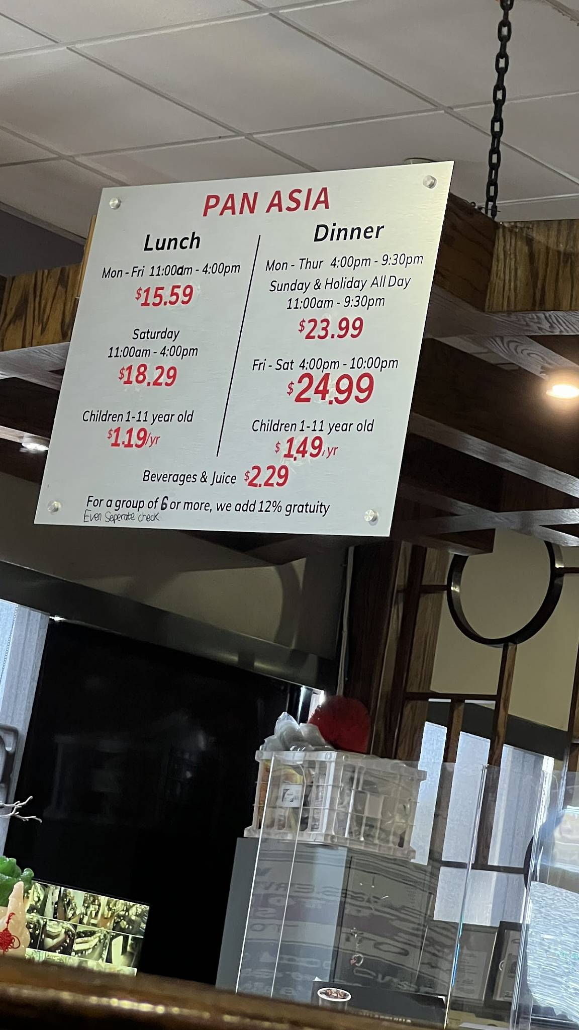 Menu at Pan Asia Buffet restaurant, San Marcos