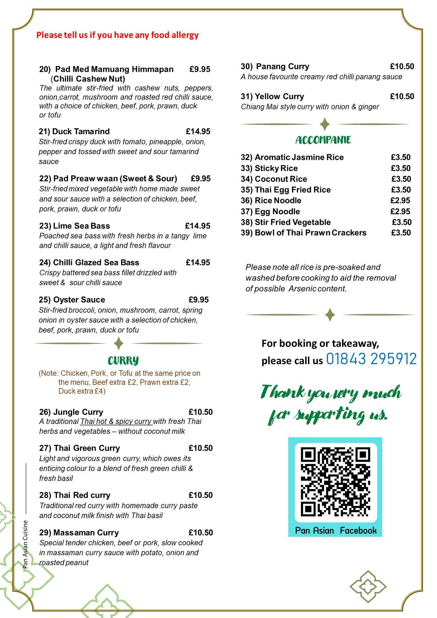 Menu at Pan Asian Cusine in Margate restaurant, Margate