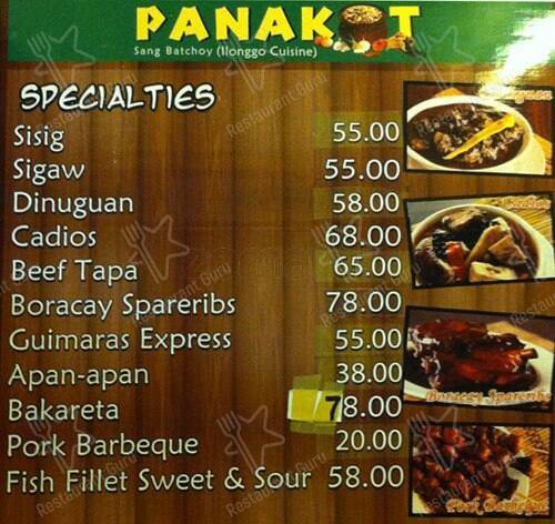 Menu at Panakot restaurant, Parañaque