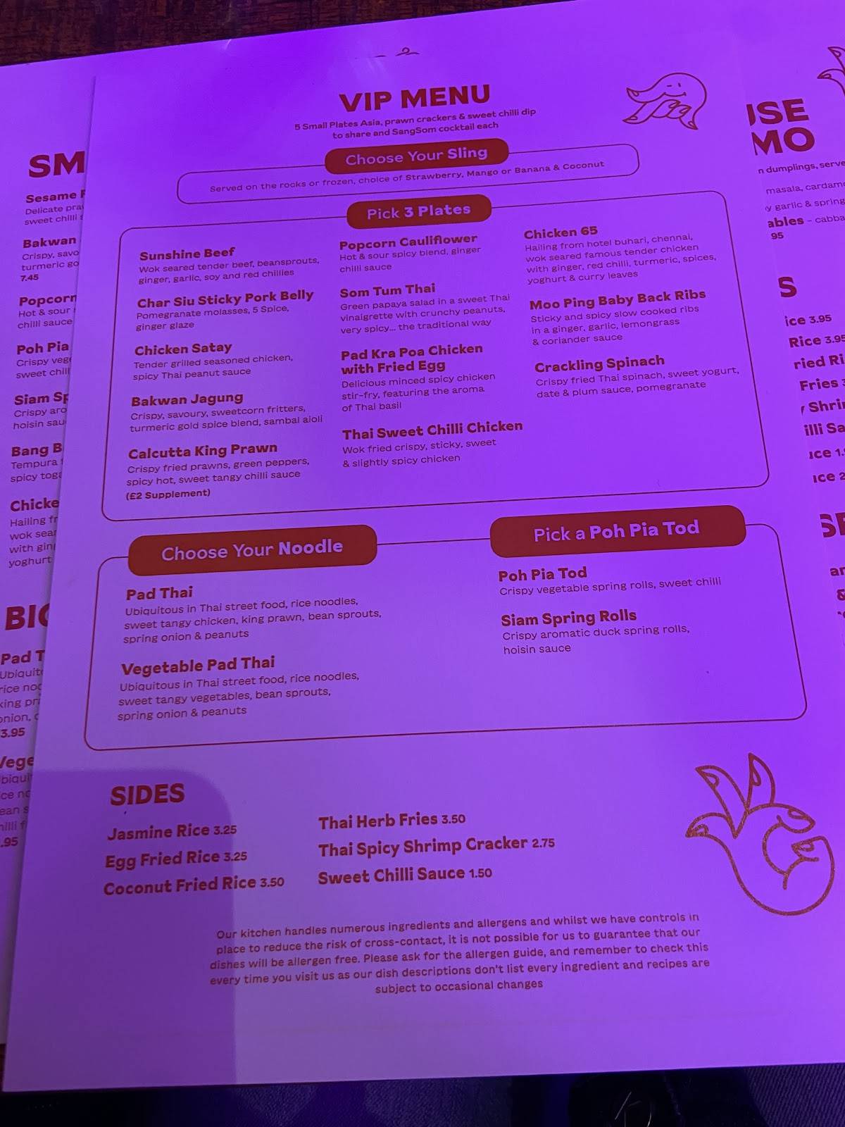 Menu at Panang restaurant, Glasgow