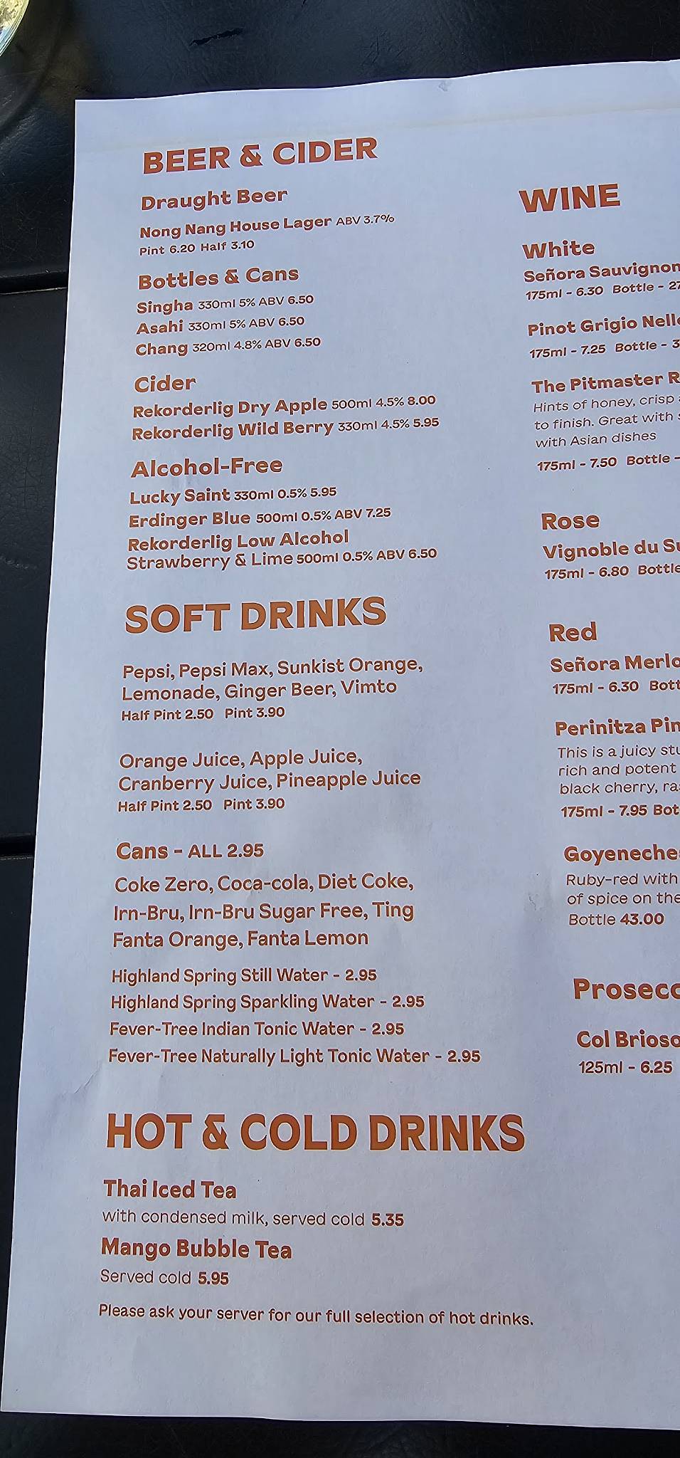 Menu at Panang restaurant, Glasgow