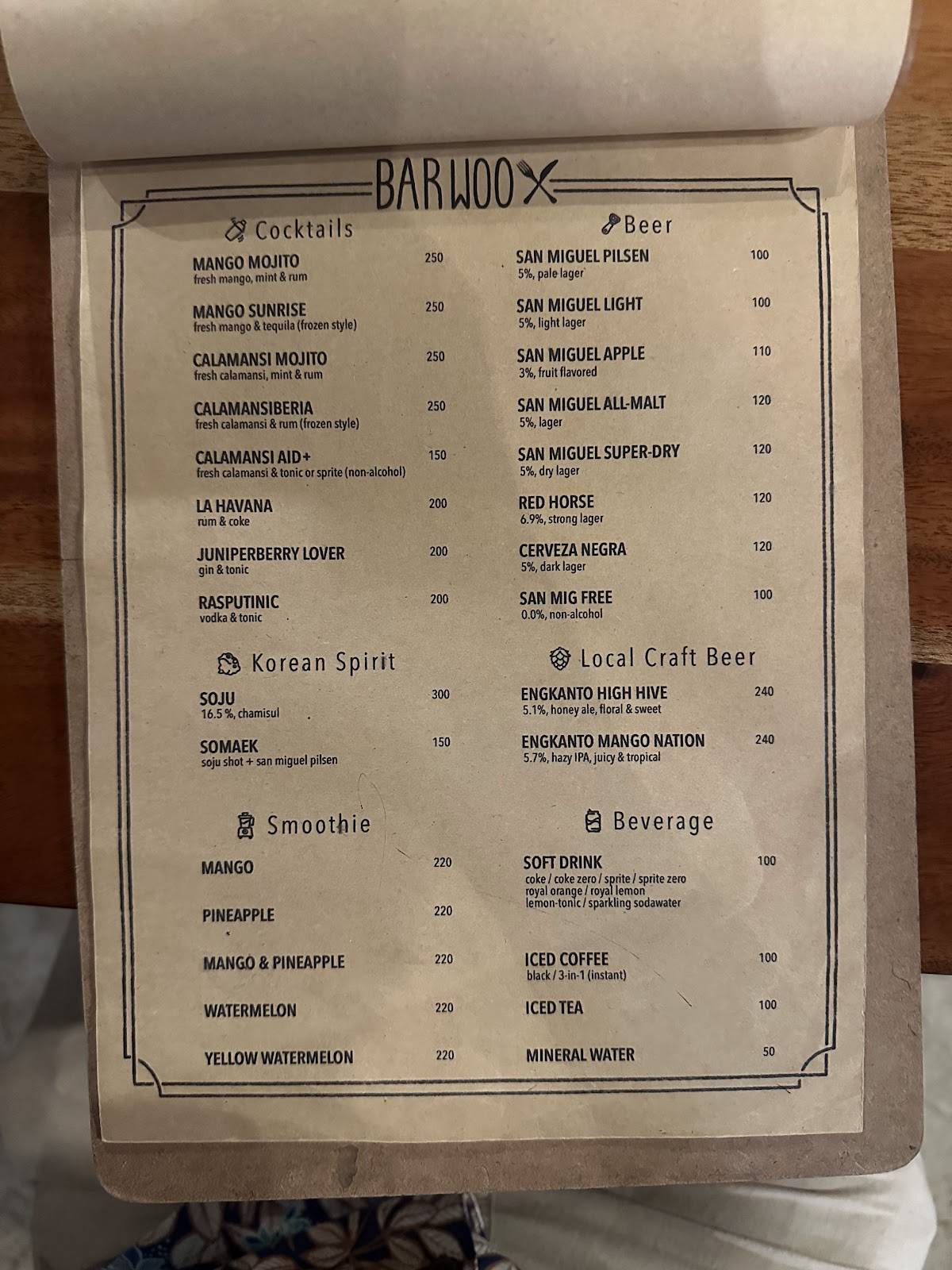 Menu at BARWOO, Panglao