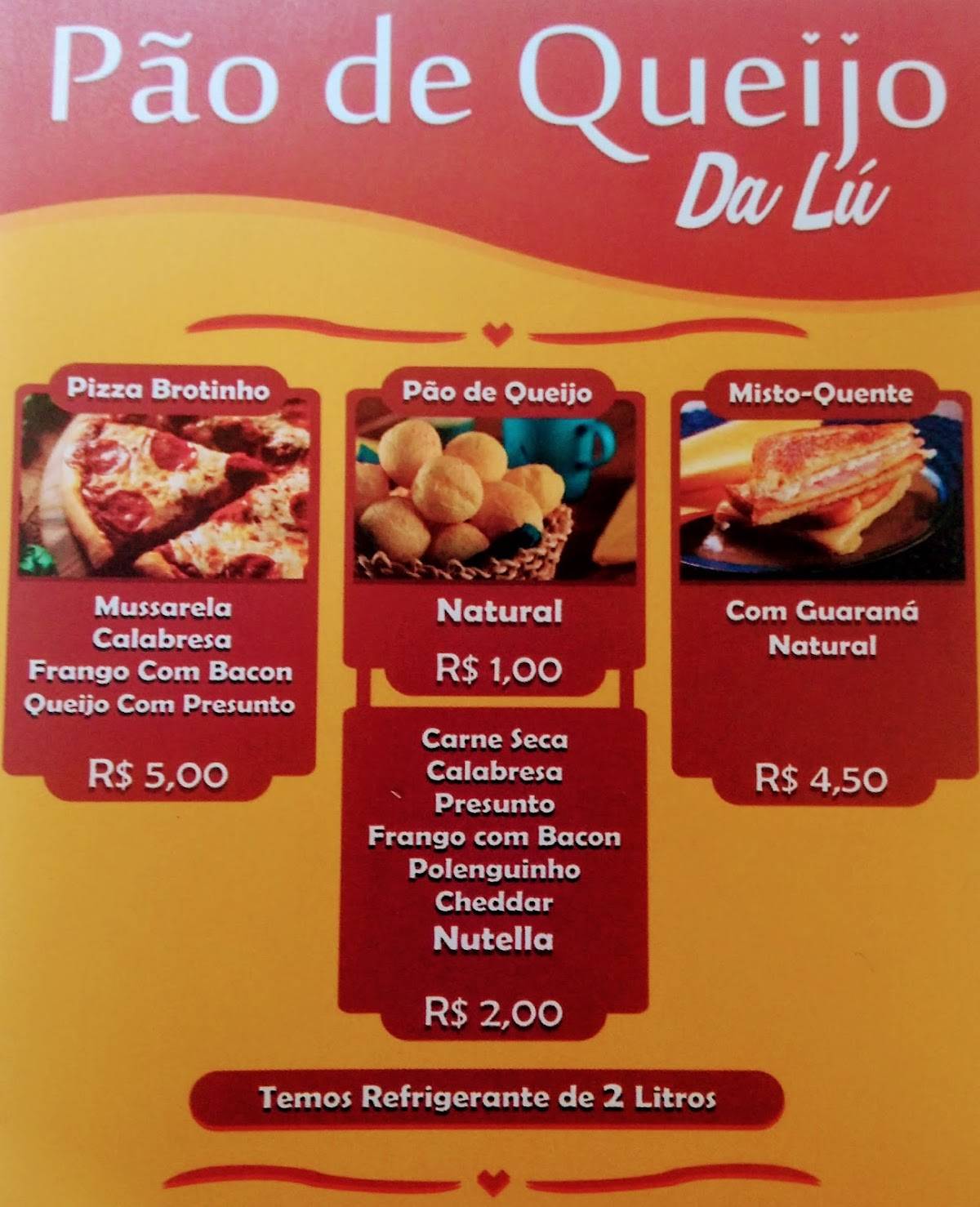Menu at Pão De Queijo Da Lú restaurant, Rio de Janeiro