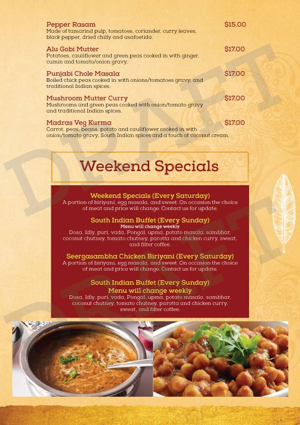 Menu at Papadums restaurant, Auckland