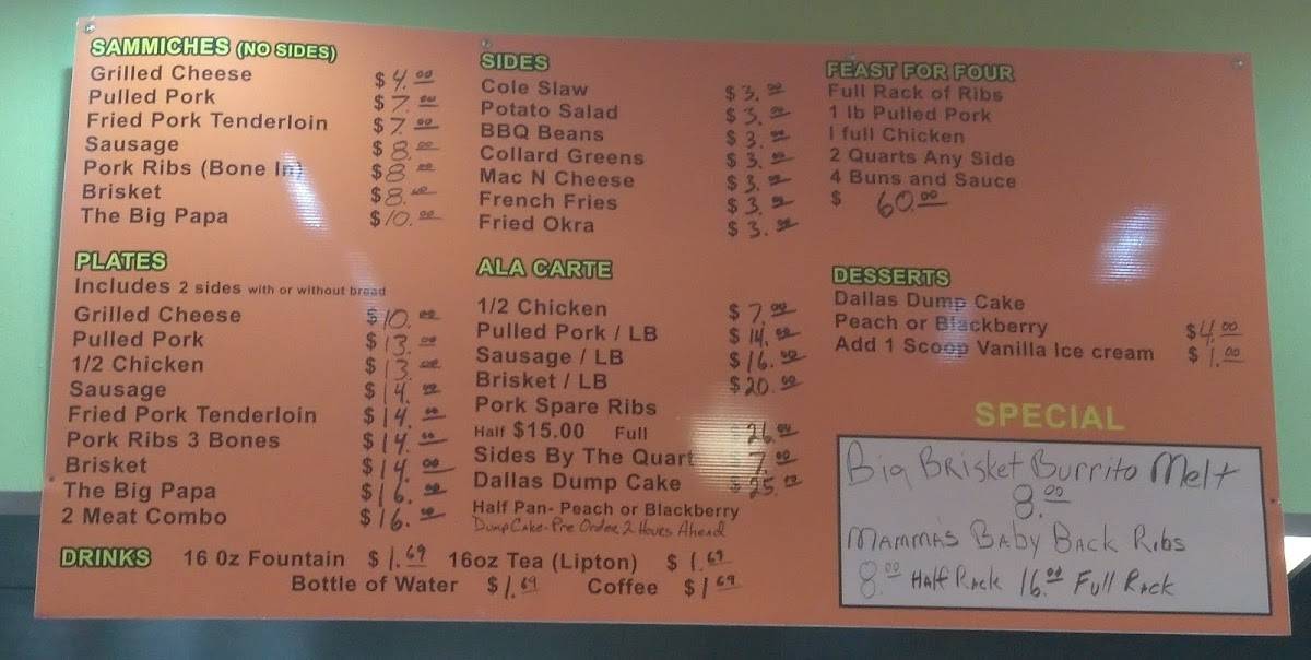 Menu at Papa's Real Pit BBQ, Micco, Micco Rd