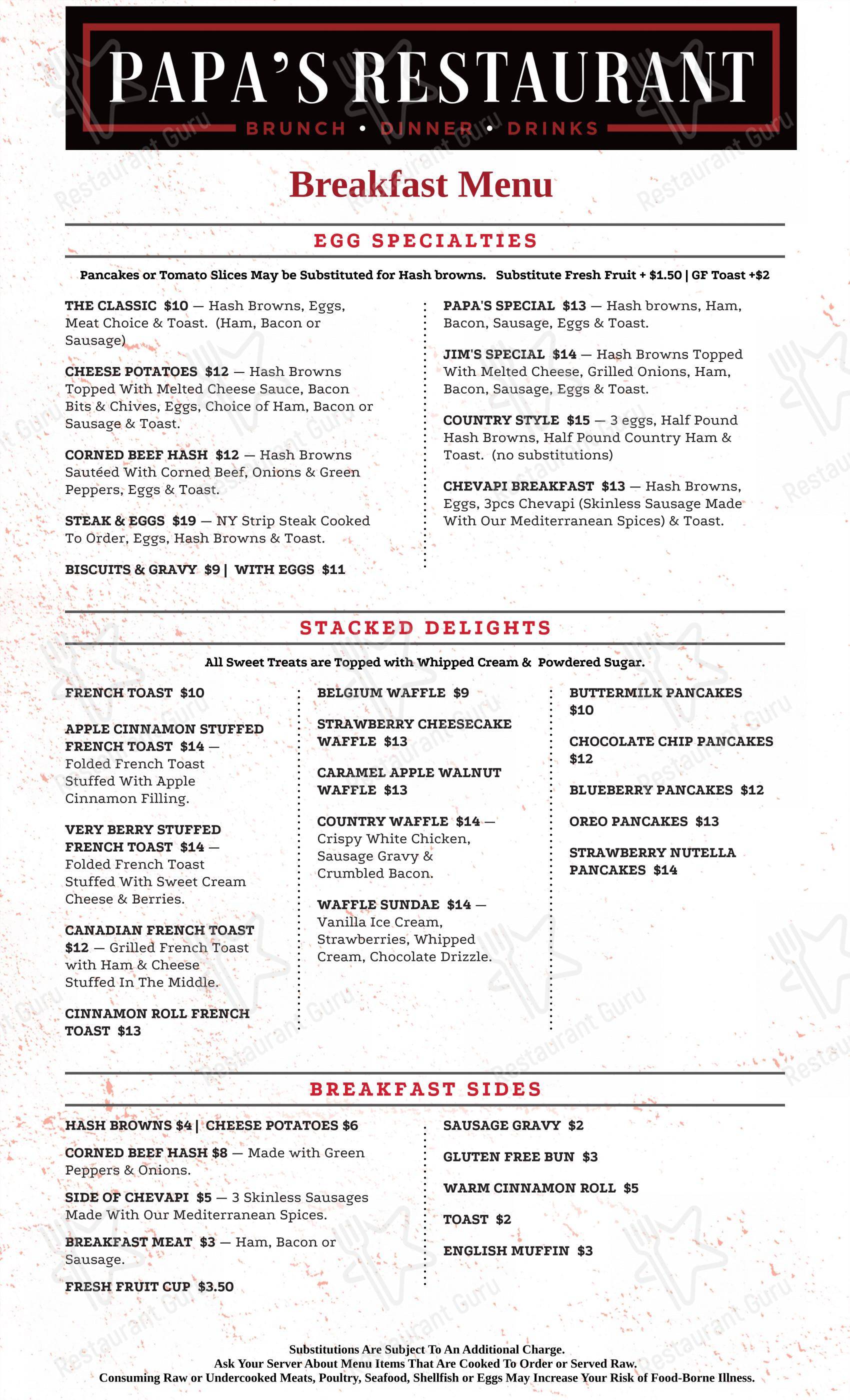 Menu at Papa's Restaurant, Armada