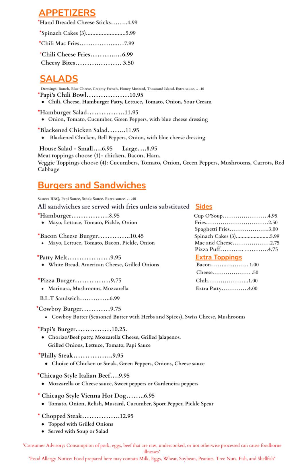 Menu at Papi's Place at Firehouse Diner restaurant, Weber City