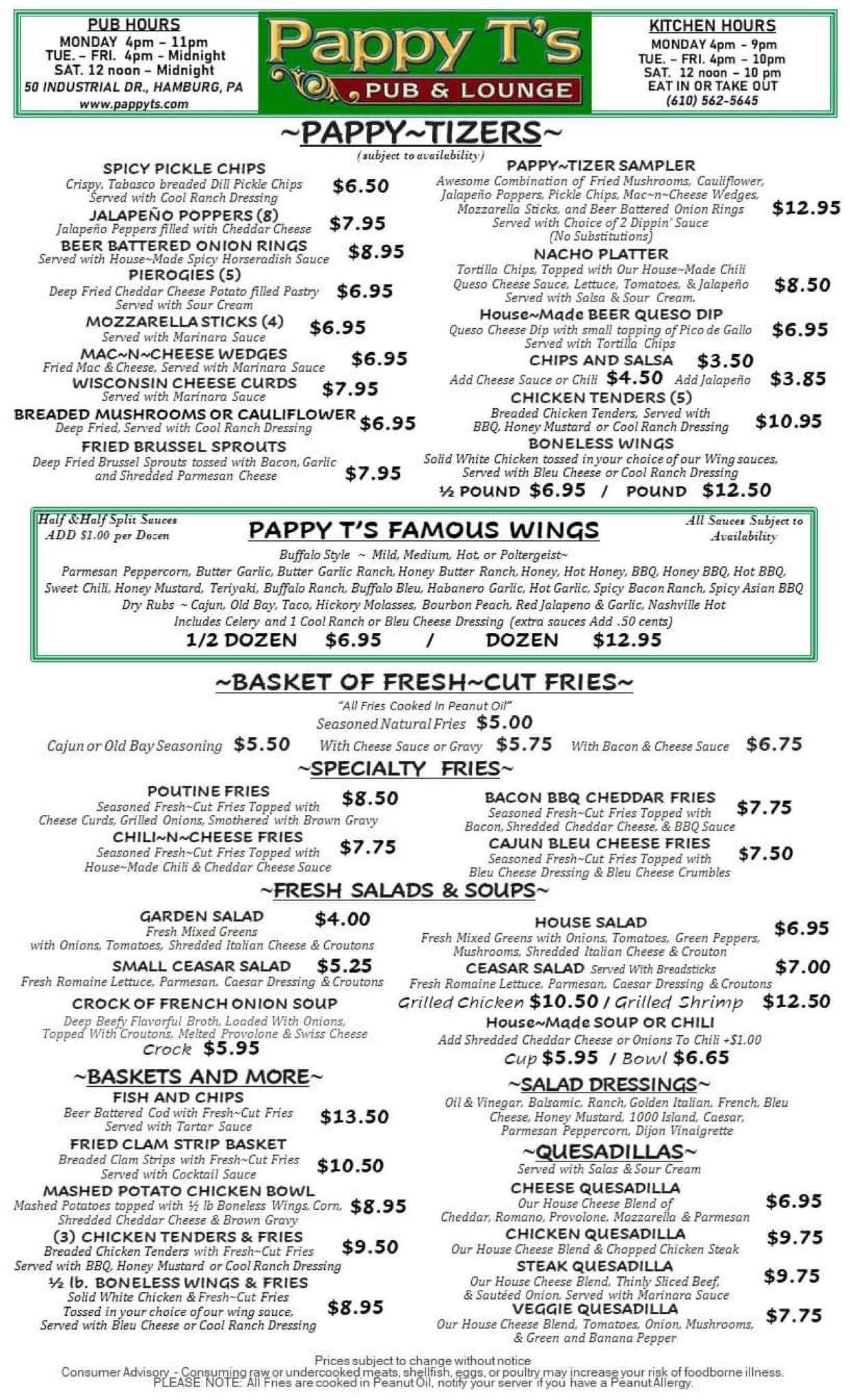 Menu at Pappy T's Pub And Lounge, Hamburg