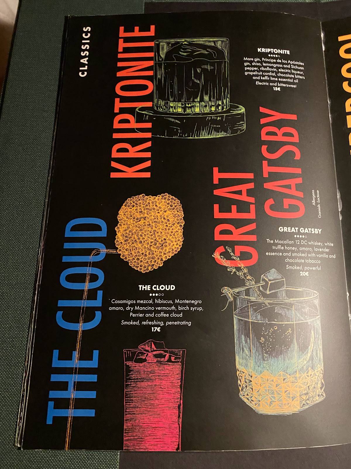 Menu at Paradiso pub & bar, Barcelona