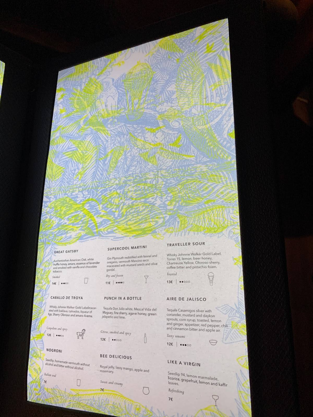 Menu at Paradiso pub & bar, Barcelona