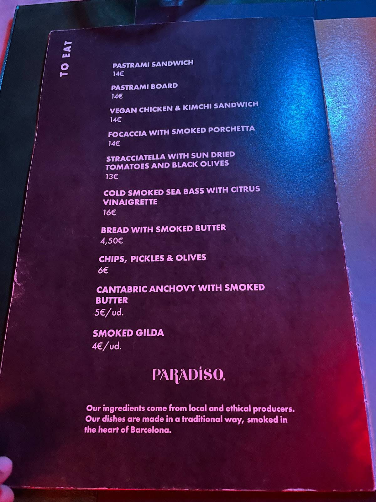 Menu at Paradiso pub & bar, Barcelona