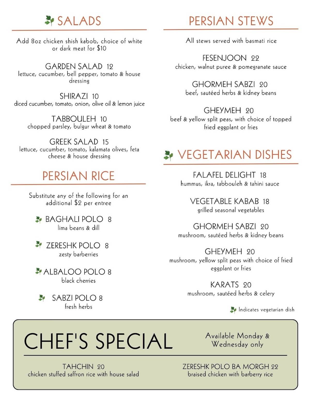 Menu at Pardis Restaurant, Glendale