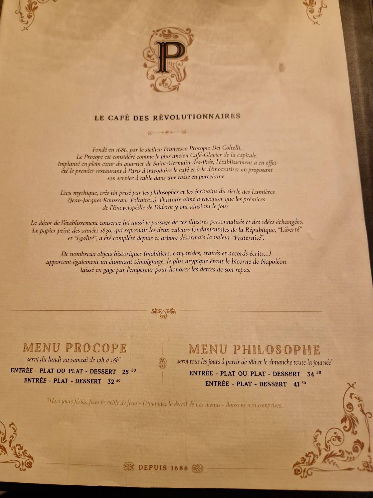 Menu at Le Procope restaurant, Paris, 13 Rue de l'Ancienne Comédie