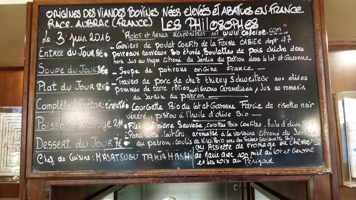 Menu at Les Philosophes restaurant, Paris, 28 Rue Vieille du Temple