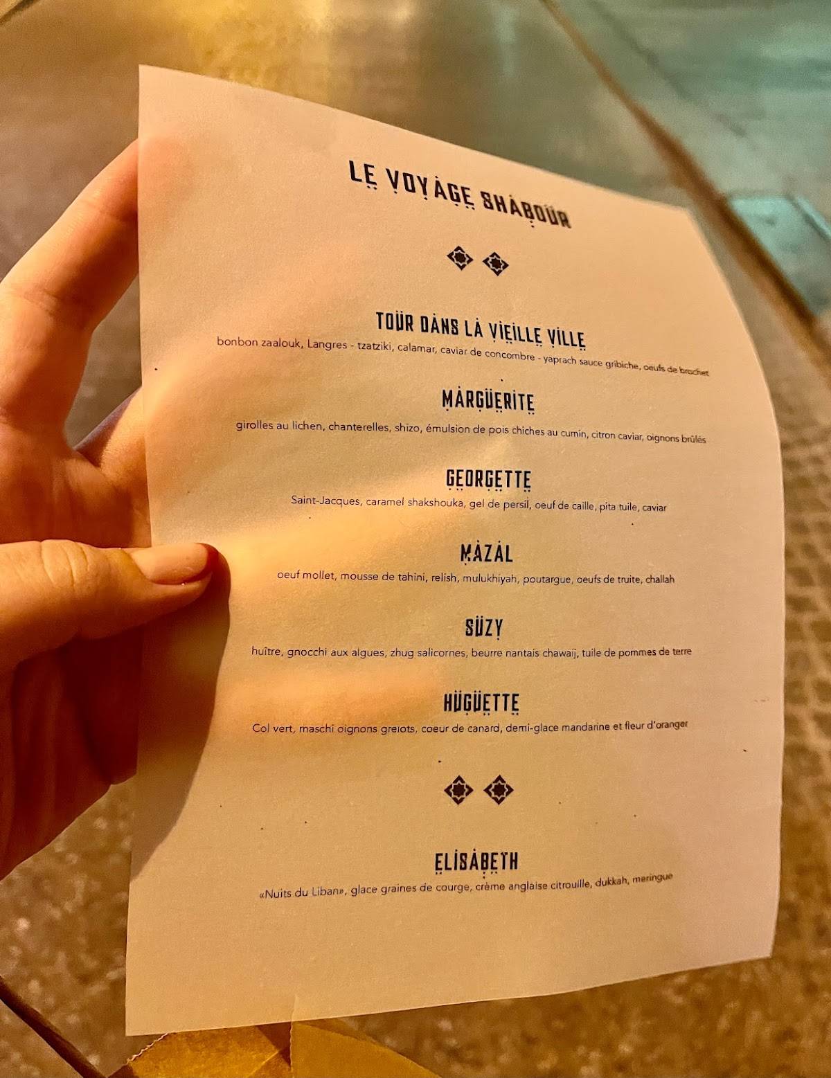 Menu au Shabour restaurant, Paris