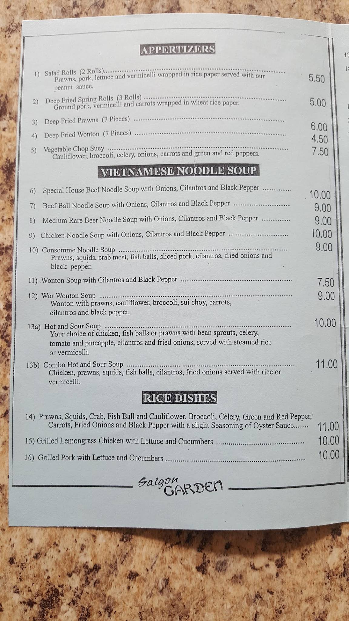 Menu at Saigon Garden restaurant, Parksville