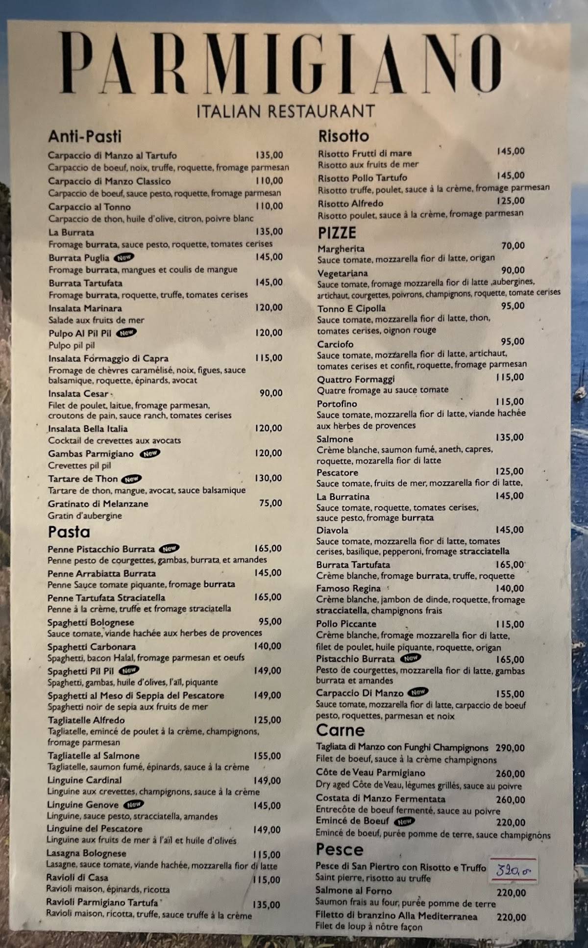 Menu au Parmigiano restaurant, Tanger