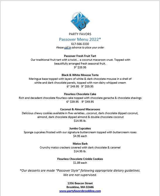 Menu at Party Favors - a family tradition desserts, Brookline